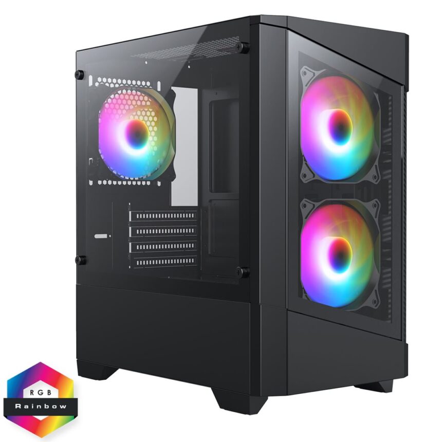 CIT Level 1 Black Micro-ATX Front Glas PC Gaming Case with 3 x 120mm ...